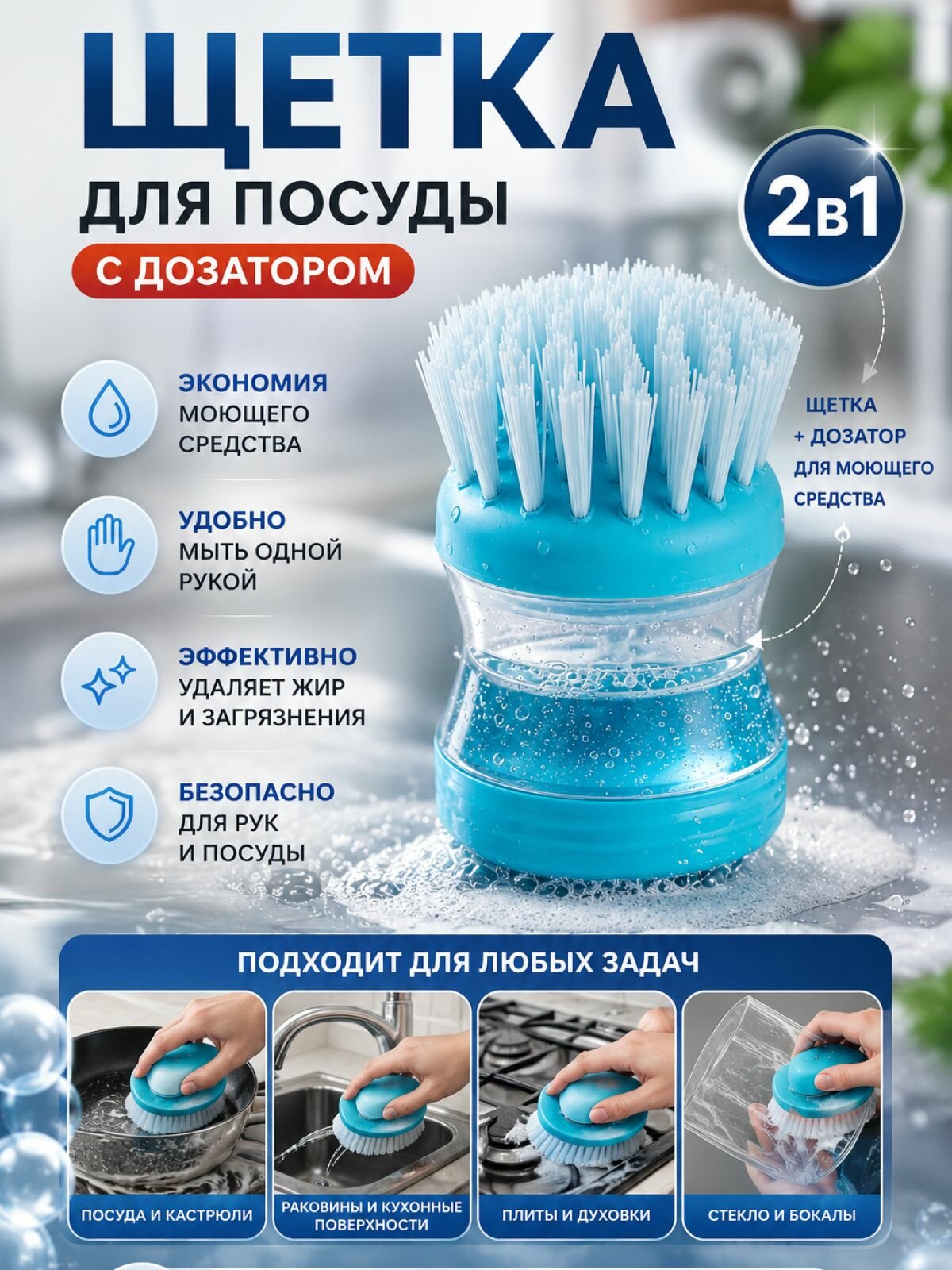 Щетка для мытья посуды с дозатором для моющего средства, кухонная щетка с жесткой щетиной для кухни, раковины, кастрюль и сковородок