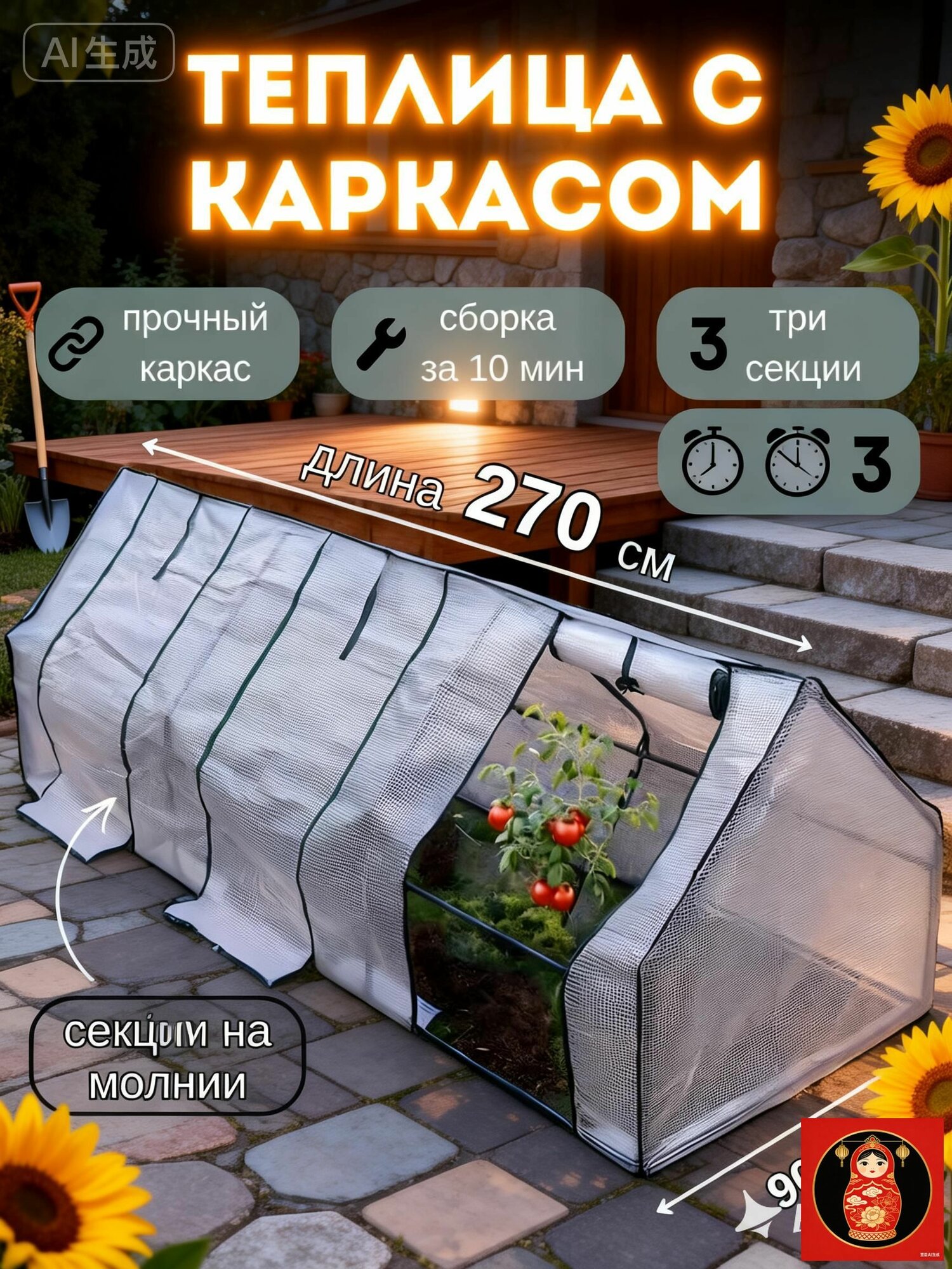 Парник, теплица домиком akS7Z 2.7х0.9х0.9м, Софт