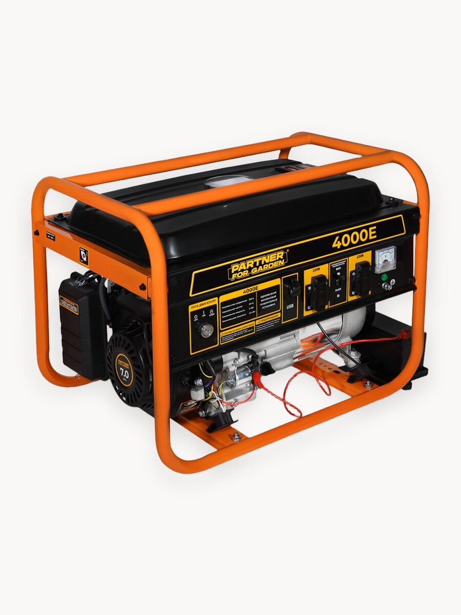 Генератор бензиновый Partner for garden 4000Е, 4.875 кВа макс нагрузка, 220В, 12В, 3.5 кВт, 7 л. с, электростартер + АКБ