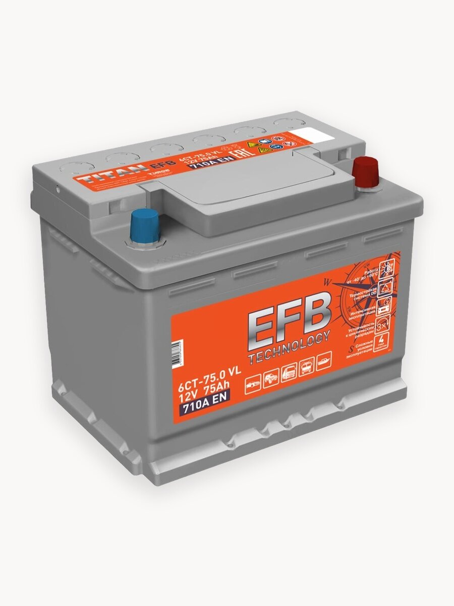 Аккумулятор TITAN EFB 75.0 VL обратная полярность, 710 А, 276x175x190 мм 4607008886825 надежной конструкции для автомобилей легковых и грузовых