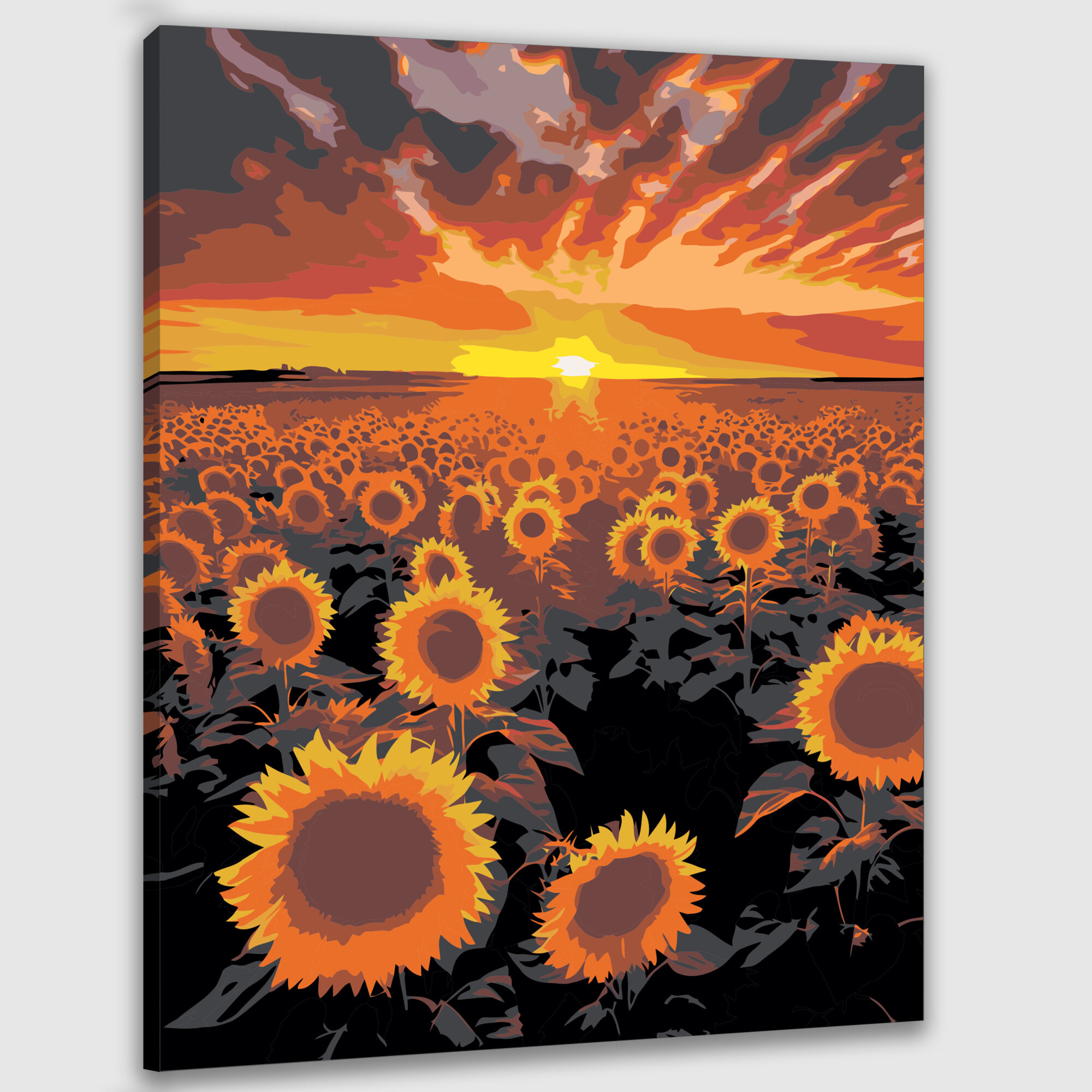 Картина по номерам 40x50 см, закат, поле, подсолнухи, лучи солнца, свет, сияние, желтые лепестки, небо, цвета, чудо