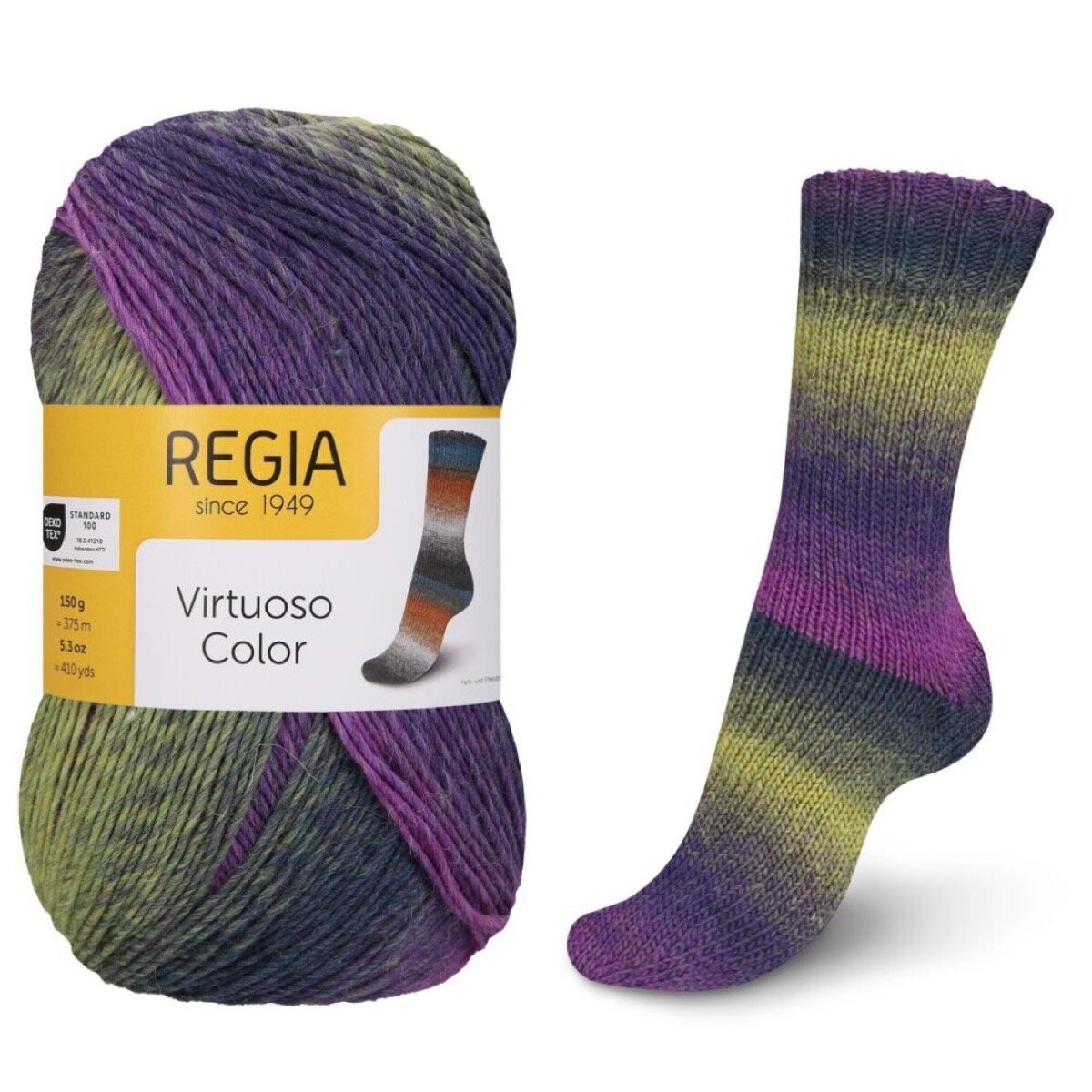 Virtuoso Color /Виртуозо Колор/ пряжа Regia, MEZ, 9801638 (03070, forget-me-not color (незабудка), желтый/серый/фиолетовый, New!)