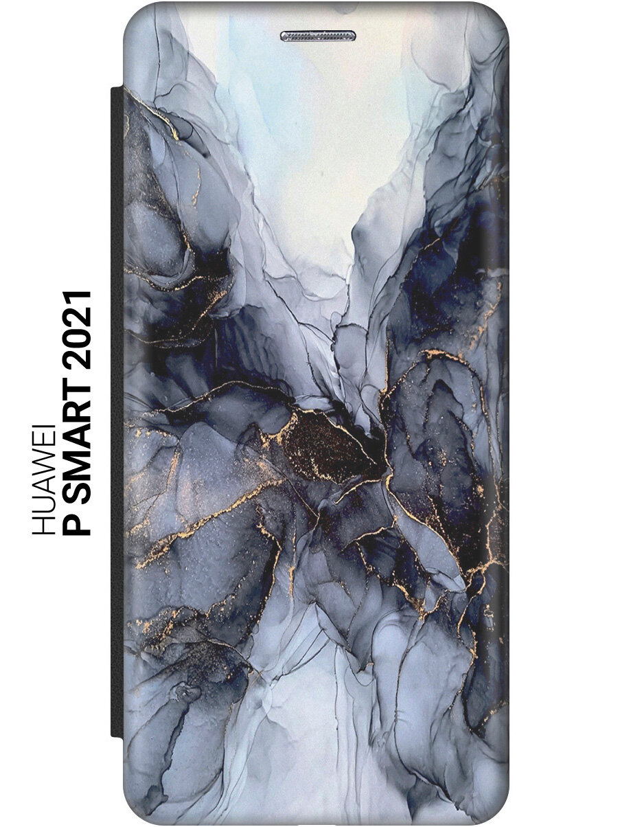 Чехол-книжка на Huawei P Smart (2021), Хуавей П Смарт (2021) с 3D принтом "Черно-белый мрамор" черный
