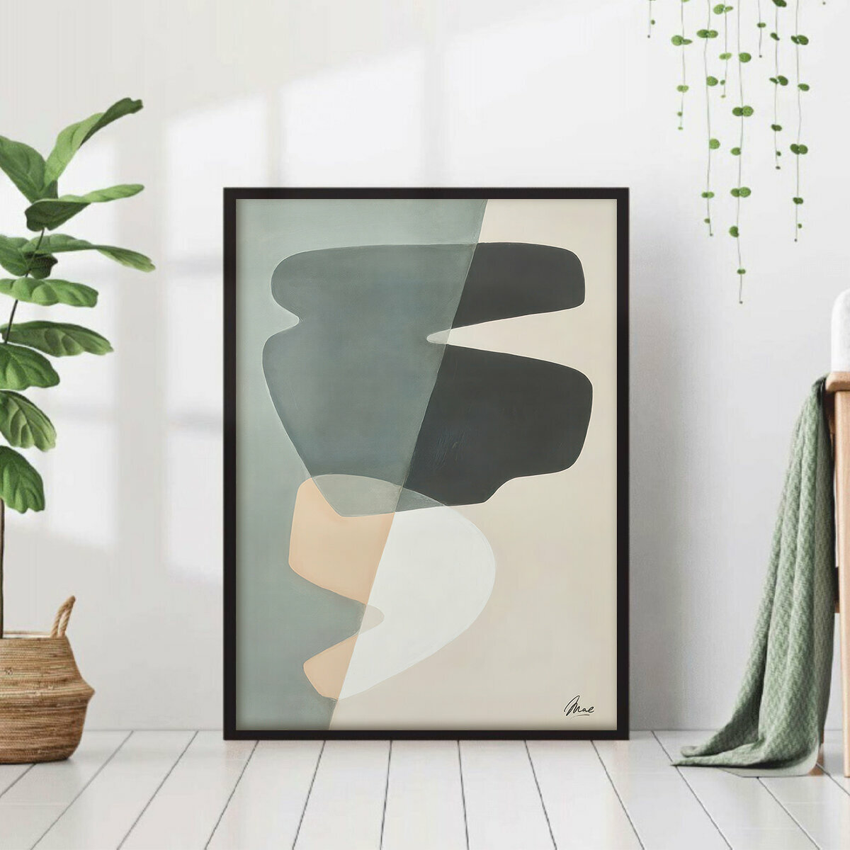 Постер "Абстракция бежевый и серый репродукция" 40x50 в черной рамке для интерьера на стену