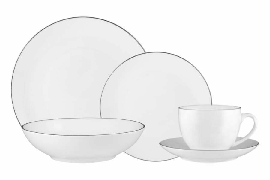 Набор обеденный с чашками, 6 персон, 30 предметов, фарфор P, белая, с серебристым кантом, White Platinum (Maxwell&Williams)