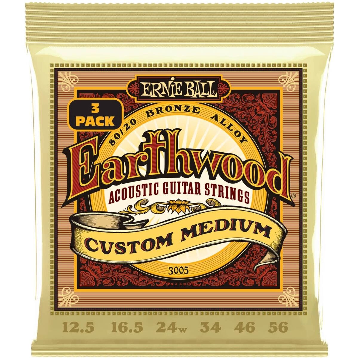 3 комплекта струн для 6-струнной акустической гитары 12.5-56 Ernie Ball 3005