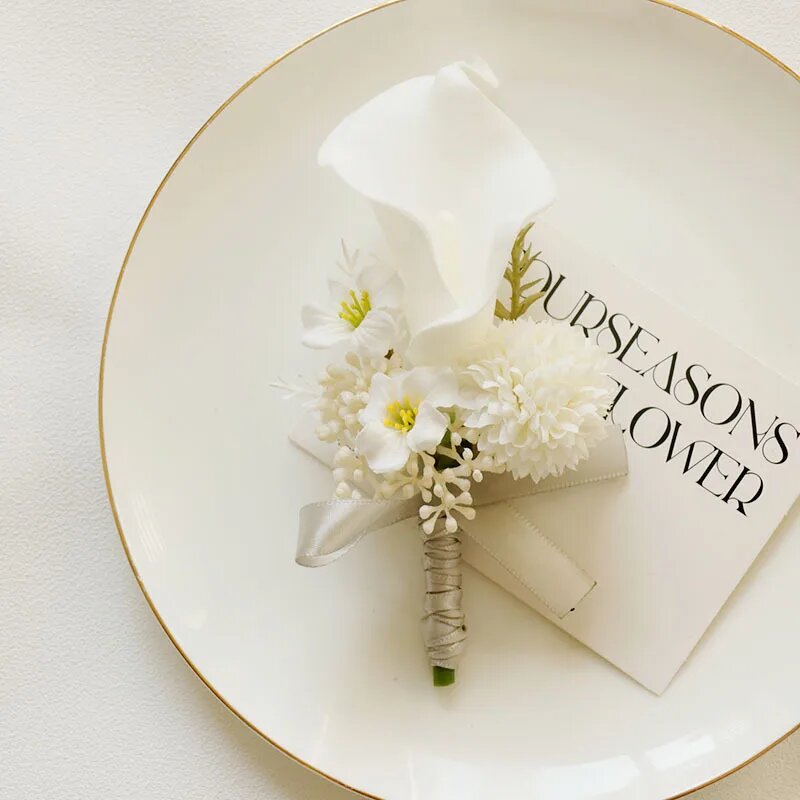 Бутоньерка и корсаж на запястье 2499 свадебные принадлежности для гостей банкета искусственный цветок Обычная Калла для жениха невесты с перекрестной каймой