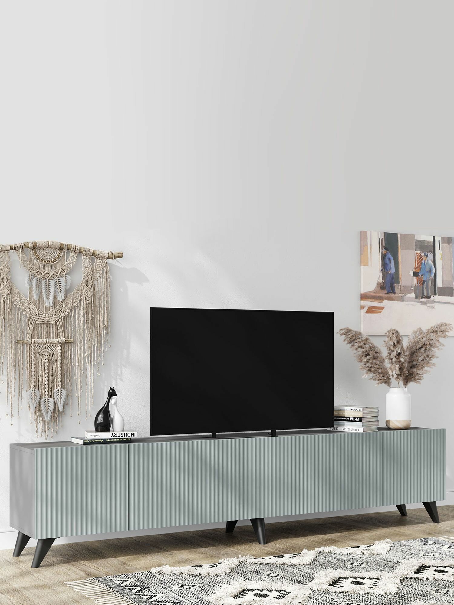 Тумба под телевизор напольная Сканди ТВ на ножках, с дверцами, 213х35х47.2 см, Серый шифер / Грин грей софт