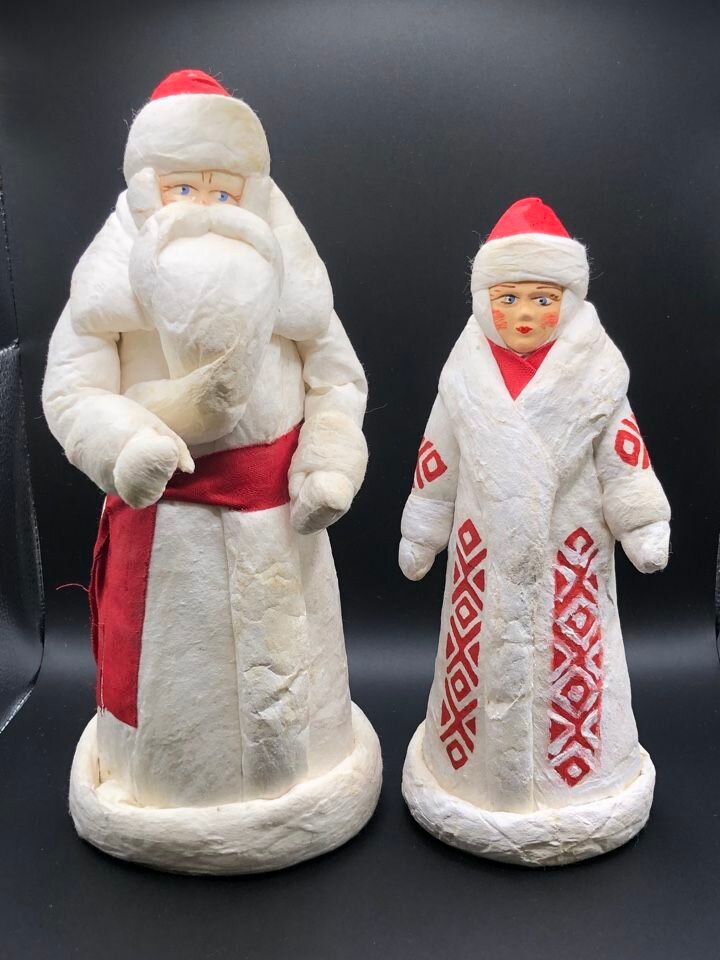 Игрушка под елку СССР Дед мороз и Снегурочка ватные высота 25-21 см