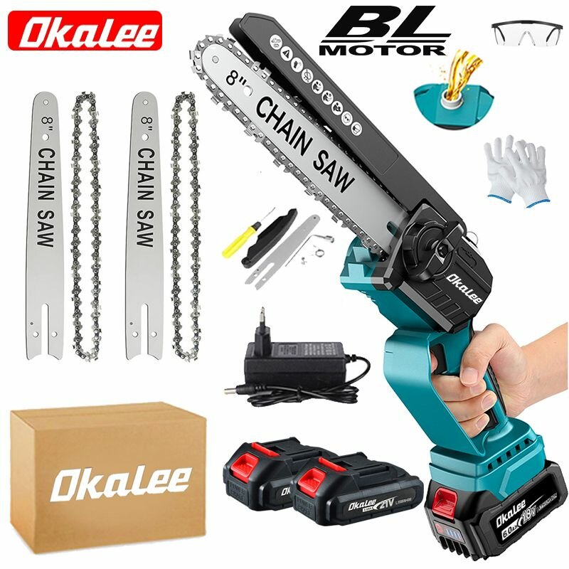 OKALEE TOOL 8-дюймовая бесщеточная электрическая бензопила Аккумуляторная цепная пила для резки древесины садовая обрезная пила инструмент