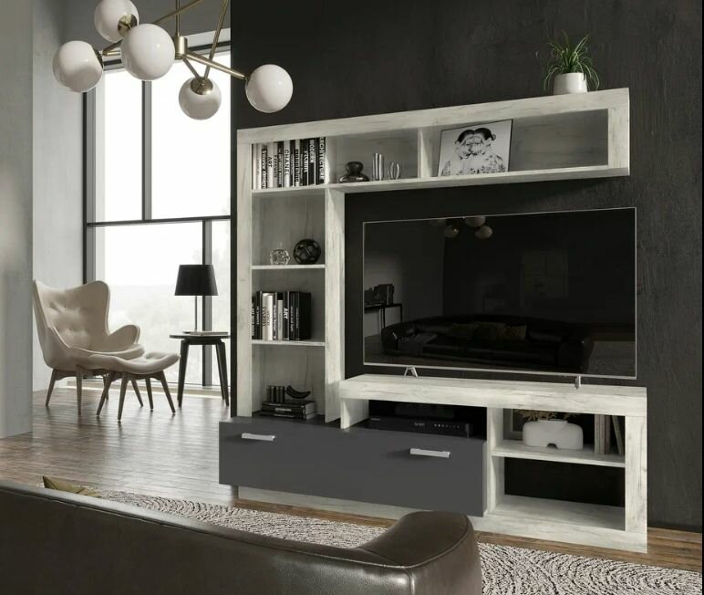 Стенка для гостиной Ангара Графит/ Дуб Крафт Белый