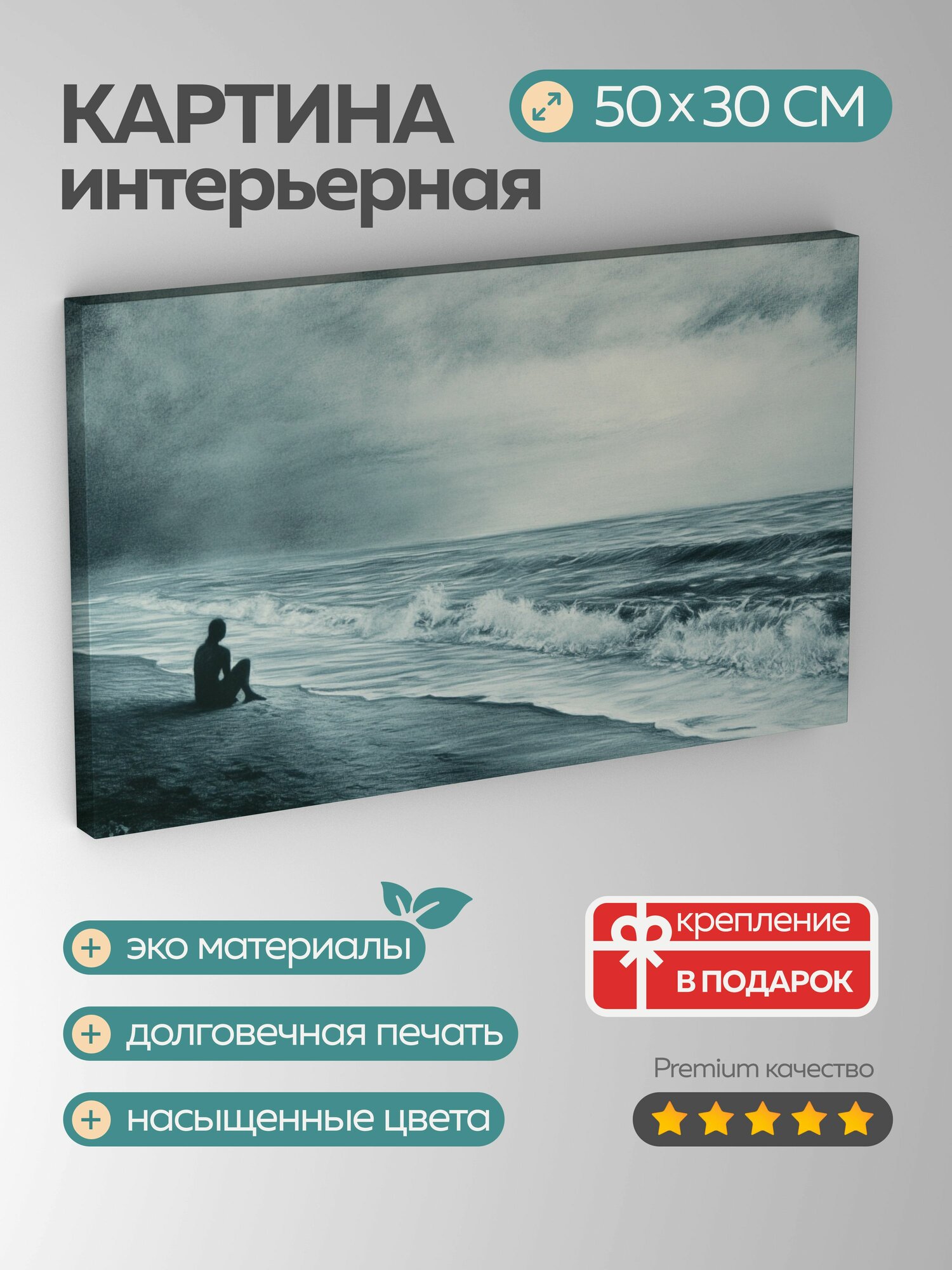 Картина на холсте интерьерная 50х30 см, уголь, одиночество, пляж, фигура, океан, волны, самоанализ