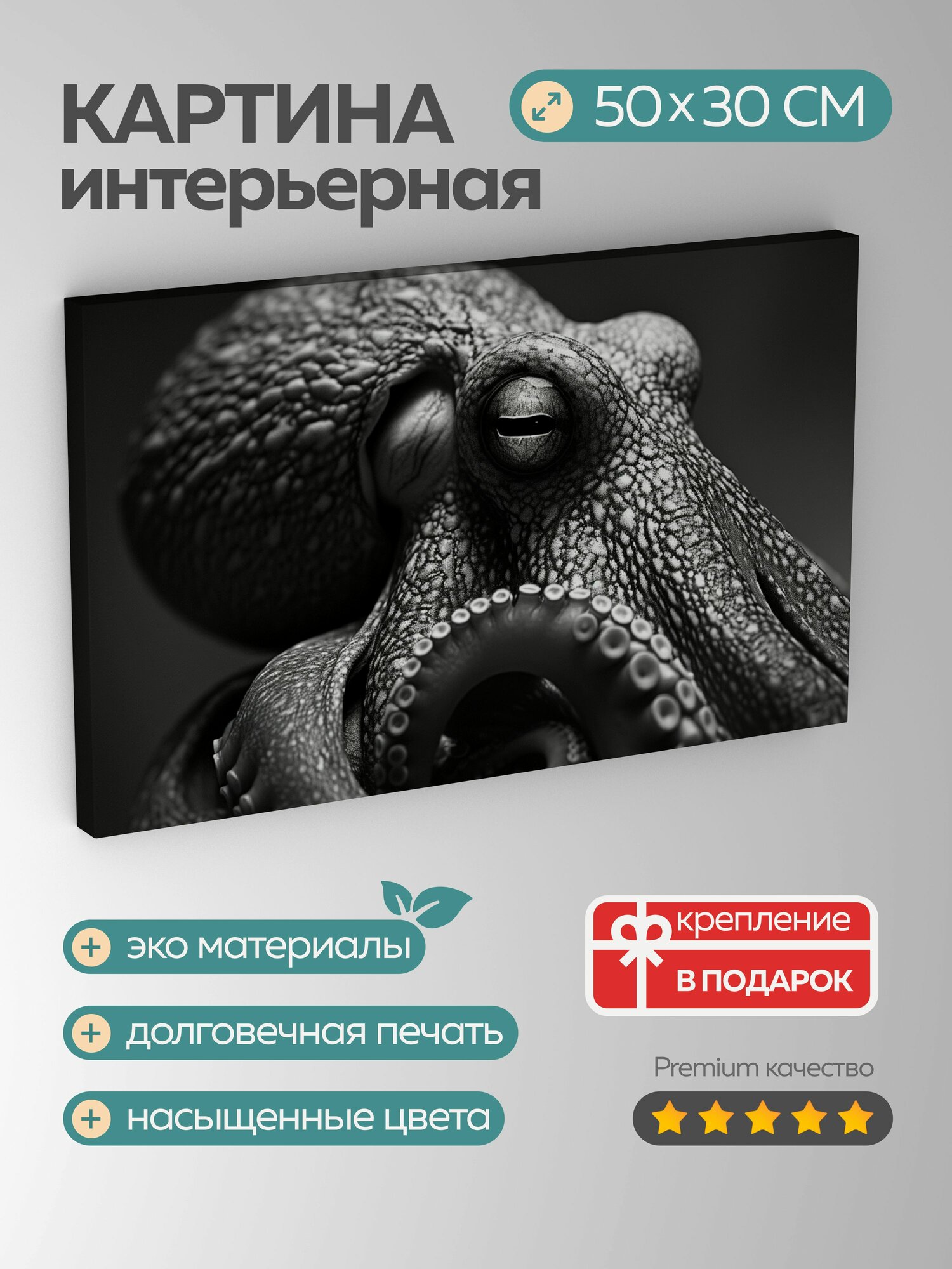 Картина на холсте интерьерная 50х30 см, черно-белая фотография, осьминог, присоска, текстурированная кожа, контраст