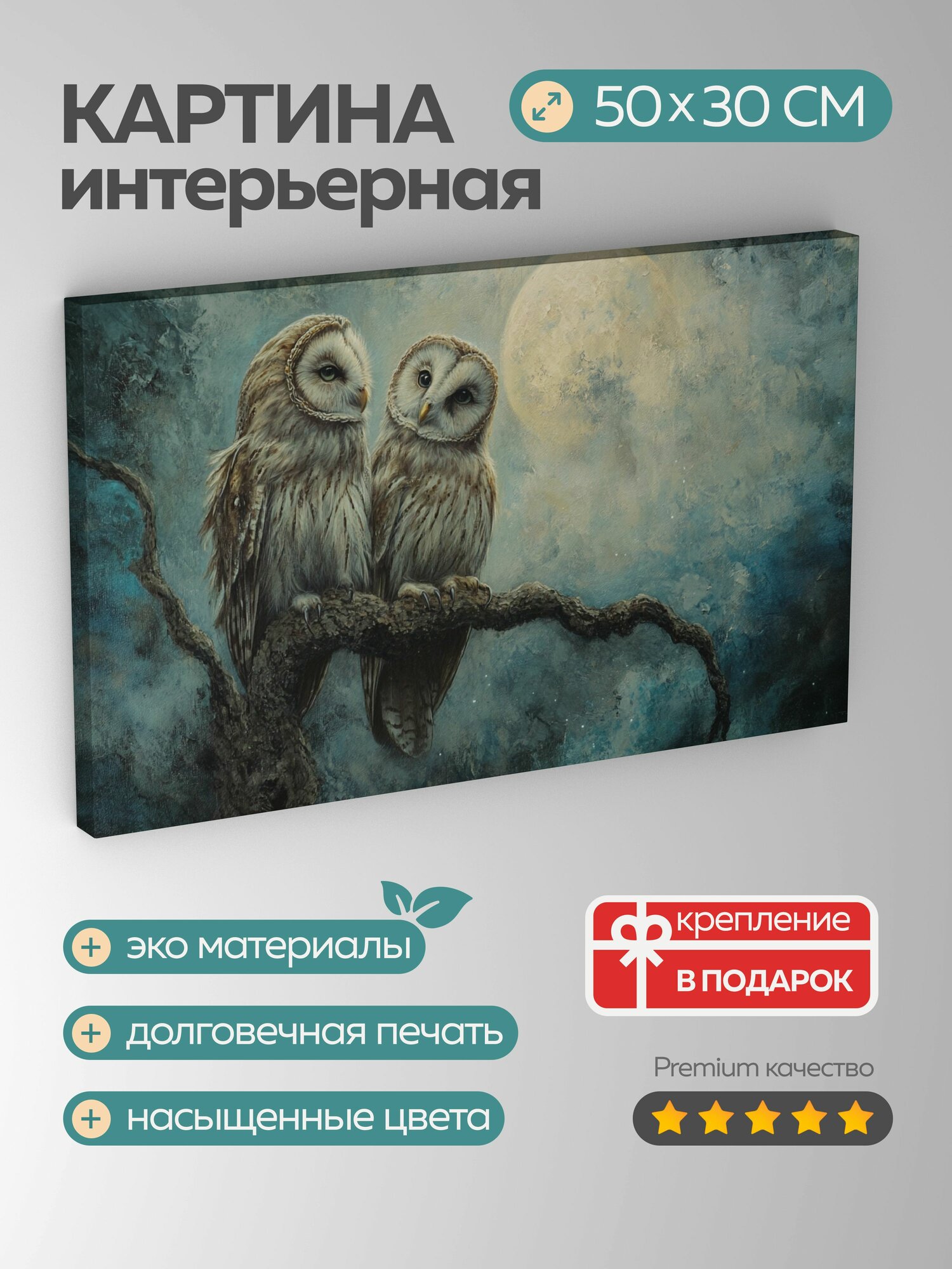 Картина на холсте интерьерная 50х30 см, картина маслом, две совы, лунный свет, ветка, ночное небо, перья, текстуры