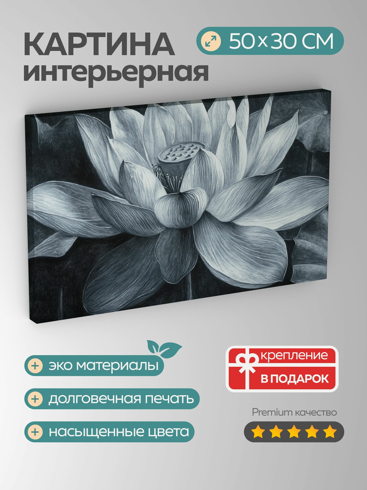 Картина на холсте интерьерная 50х30 см, лотос, уголь, текстура, детали, цветок, монохром, элегантность, изящество