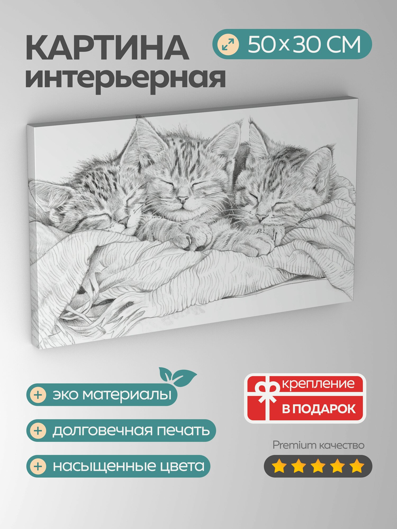 Картина на холсте интерьерная 50х30 см, кошки, тушь, одеяло, сон, мягкость, уют, линии, шерсть, закрытые глаза