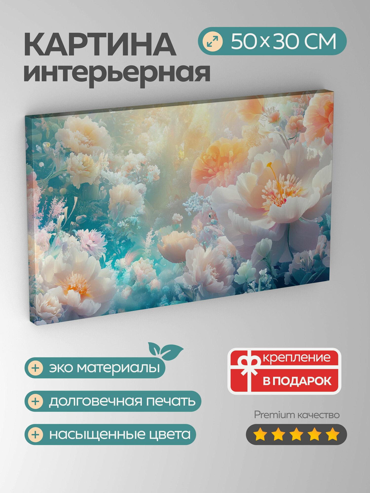 Картина на холсте интерьерная 50х30 см, Цветочная страна, экзотические цветы, потусторонний сад, сюрреалистический свет