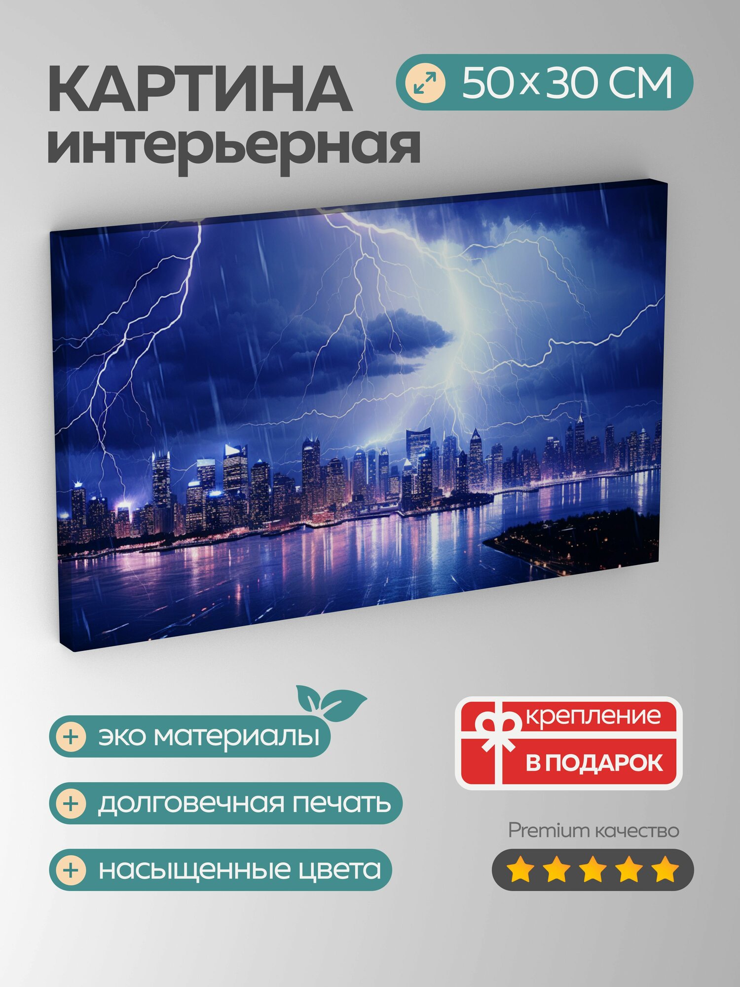 Картина на холсте интерьерная 50х30 см, гроза, ночной город, потрясающая энергия, напряженность, молнии, небо, здания