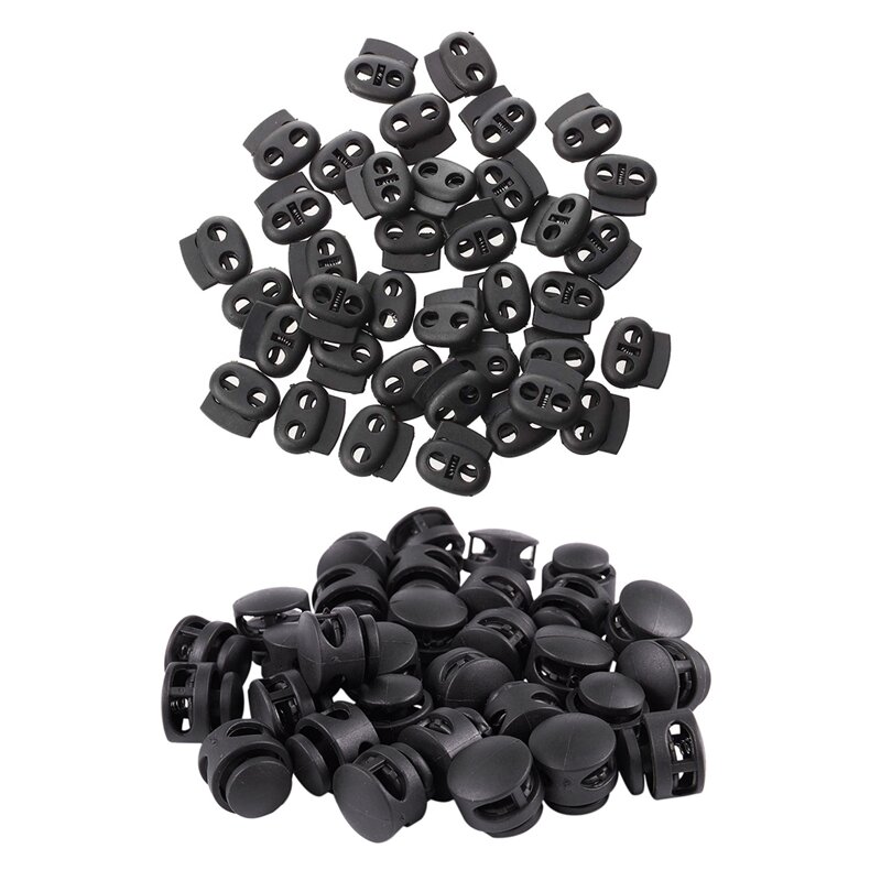 40 шт. двухотверстийных пружинных фиксаторов для шнура с завязками черного цвета и 30 шт. затычек для багажа: 6,5 мм x 5 мм, 2 отверстия, концы фиксаторов шнура