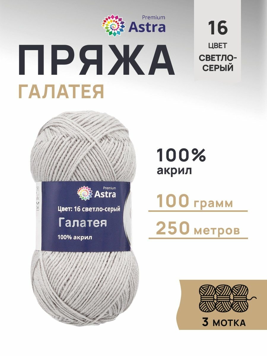 Пряжа для вязания Astra Premium 'Галатея' 100г, 250м (100% акрил) (16 светло-серый), 3 мотка