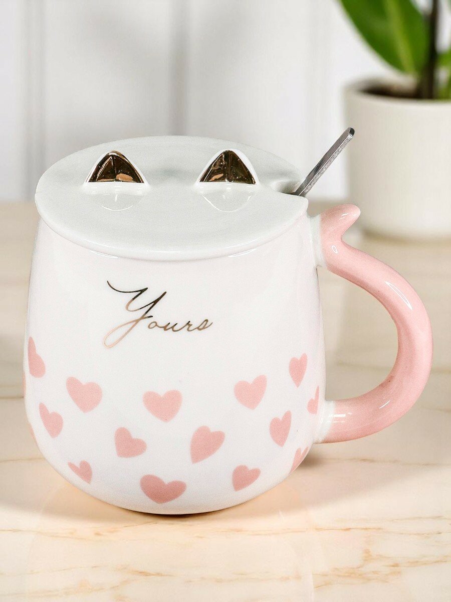 Кружка для чая "Кот с ушками с сердечками" 450 мл (Yours N 1), белая чашка с ложкой и крышкой, женская, подарочная