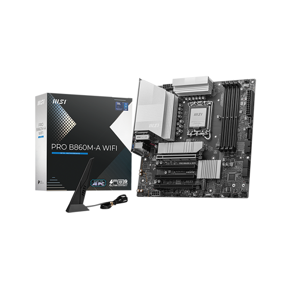 Материнская плата MSI PRO B860M-A WIFI B860, LGA1851, 4*DDR5, 4*PCIEx16, 3*M.2, 2*TypeC, 3*USB3.2Gen2, 6*USB3.2Gen1, 2*USB2.0, 4*SATA3.0, 5G, Type-C(DP), DP, HDMI, M-ATX, RTL