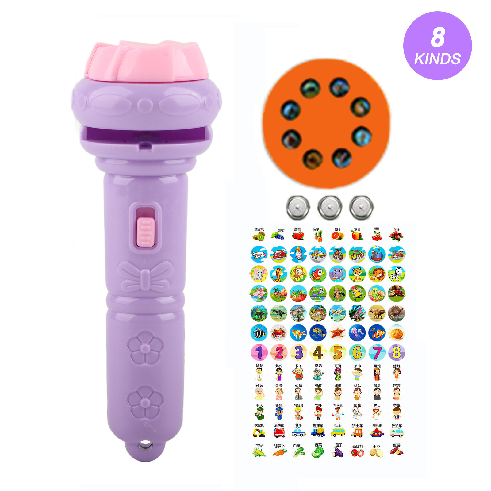 Фонарик-прожектор для детей с 8 животными, образовательная игрушка, высококачественный ABS, с батарейками