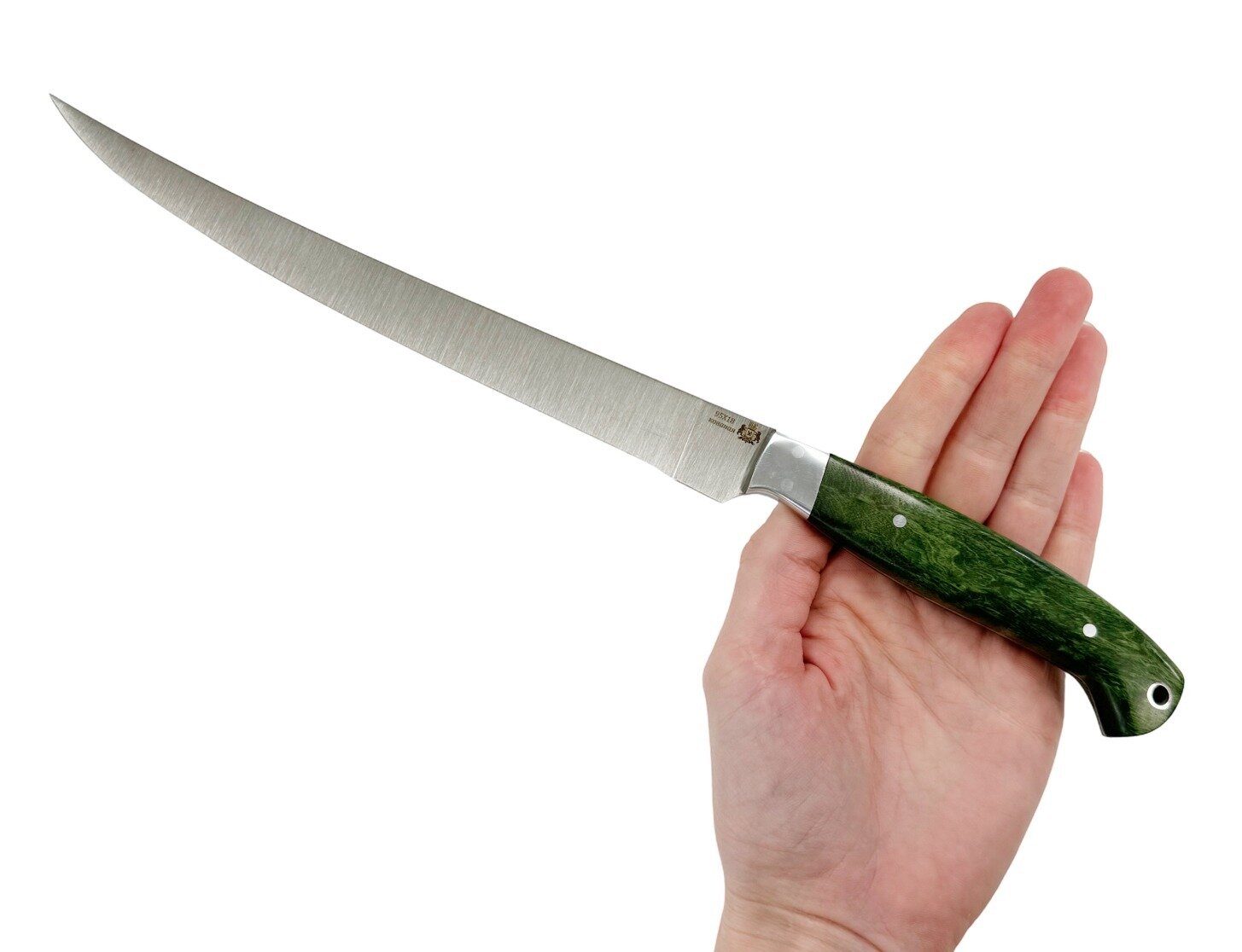 Нож филейный большой, цельнометаллический, сталь 95Х18, карельская береза (зелёный)