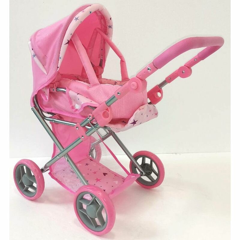 Коляска для куклы Melobo люлька, розовая со звездочками, с переноской и корзиной, в коробке