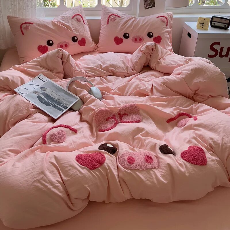 Комплект постельного белья Kawaii Pink Pig 3 шт, 180X220cm(4pcs), Розовый