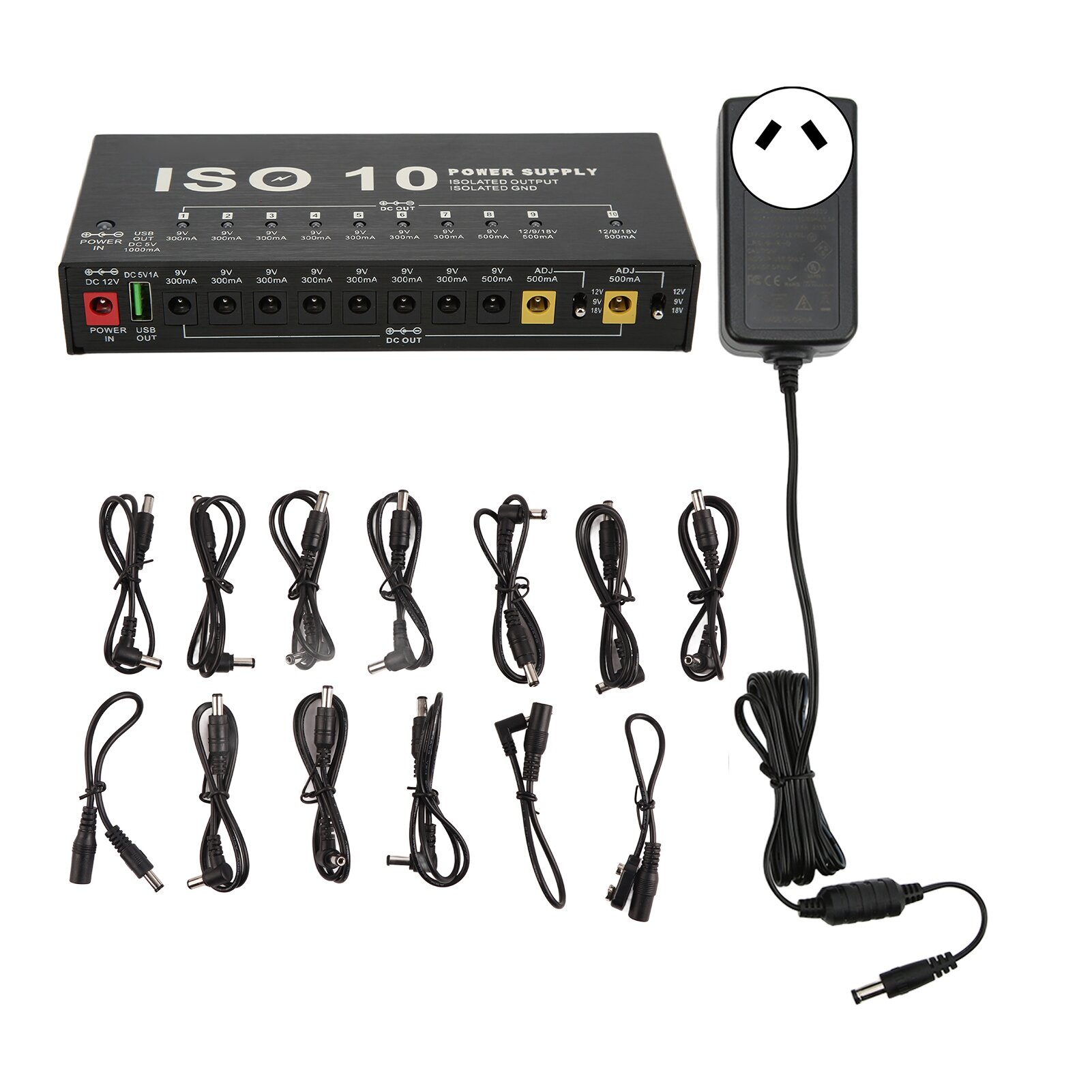 Блок питания для гитарных педалей, 10 изолированных выходов, мультиэффект, 2 регулируемых напряжения, вилка AU, 100–240 В.