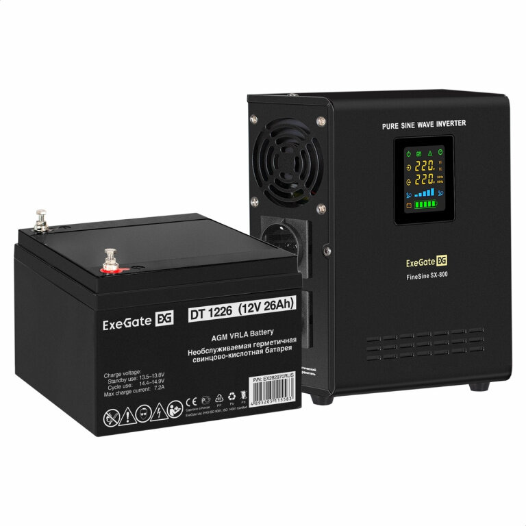 ИБП EX295996RUS + батарея 26Aч EX282970RUS ExeGate FineSine SX-800. LCD. AVR.2SH
