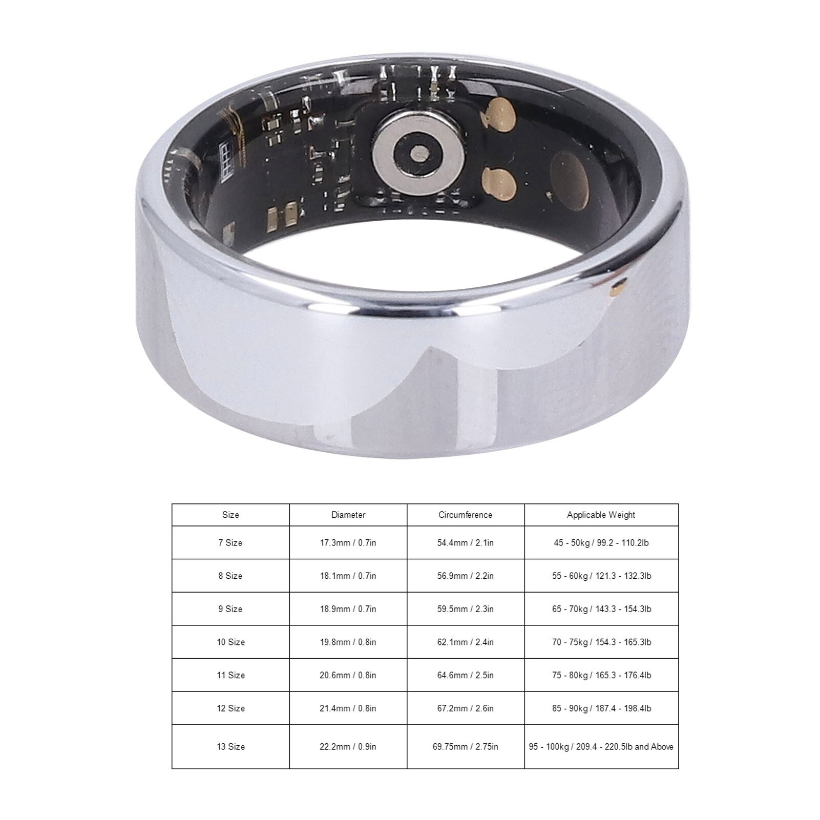 Смарт-кольцо IP68 водонепроницаемое, несколько спортивных режимов, счетчик шагов, отслеживание калорий, фитнес-трекер, кольцо для спорта, серебристое, 7 Размер: Внутренний диаметр: 17,3 мм / 0,7 дюйма, окружность: 54,4 мм / 2,1 дюйма
