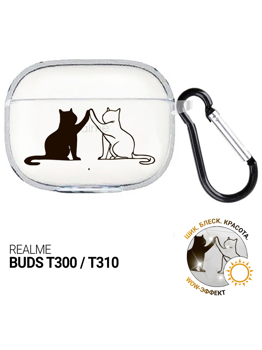 Чехол на Realme Buds T300 / T310 с принтом "Cats" прозрачный