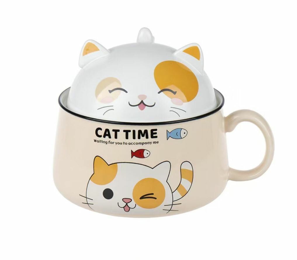 Миска для лапши и супа с крышкой и ручкой 1020 мл, керамическая, с дизайном кошки, для микроволновки и посудомойки