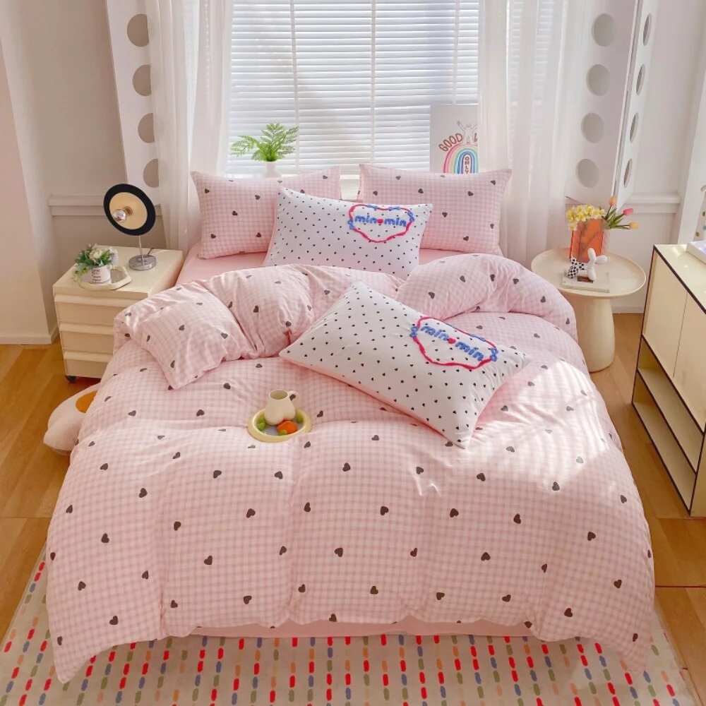 Комплект постельного белья в корейском стиле, мягкий хлопковый пододеяльник с фиолетовым сердечком, приятный для кожи пододеяльник, простыня, наволочка, домашний текстиль, Full 4pcs 180x220cm, Телевизор с кровати Лист, Розовый