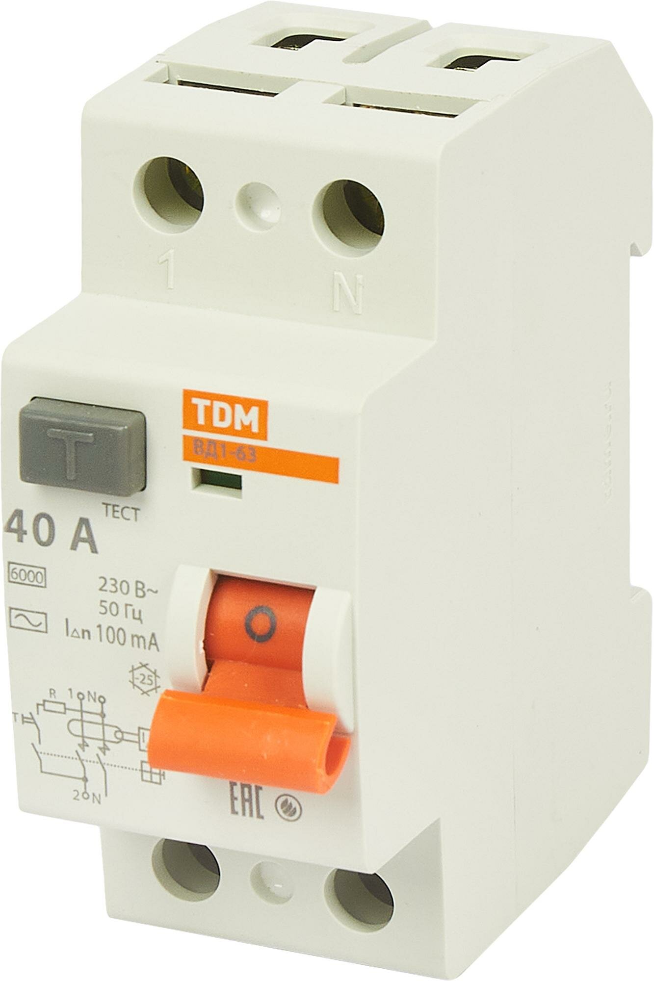 УЗО Tdm Electric ВД1-63 2P 40 A 100 мА 4.5 кА AC SQ0203-0011