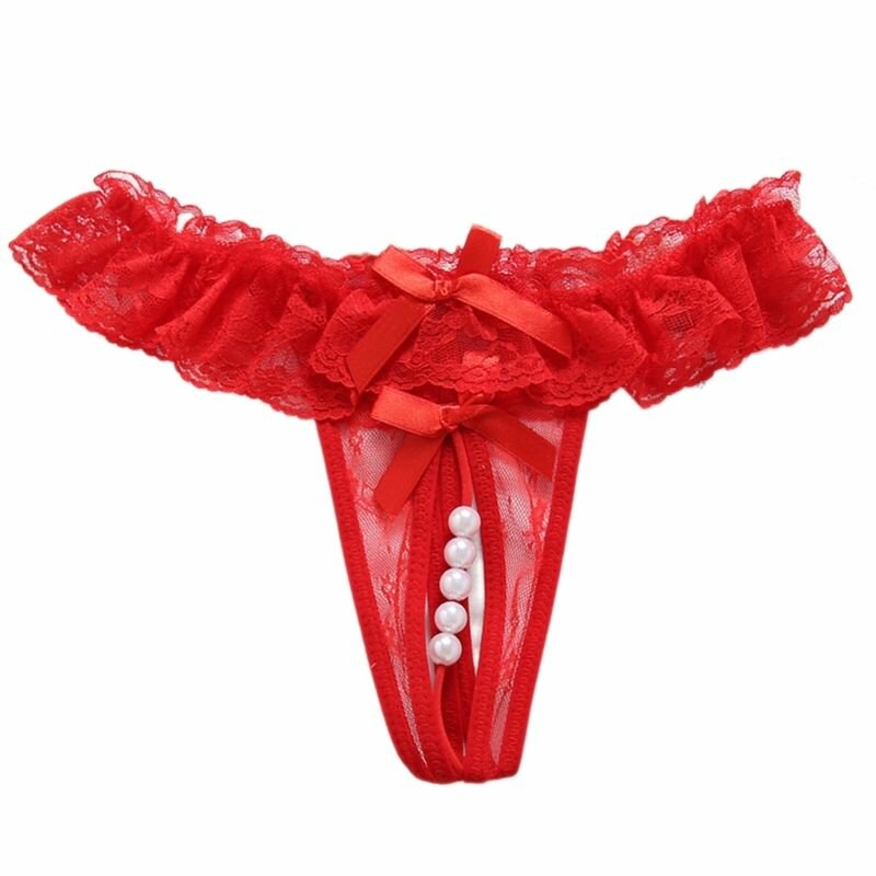 Женские кружевные стринги с открытой промежностью-красный-один размер