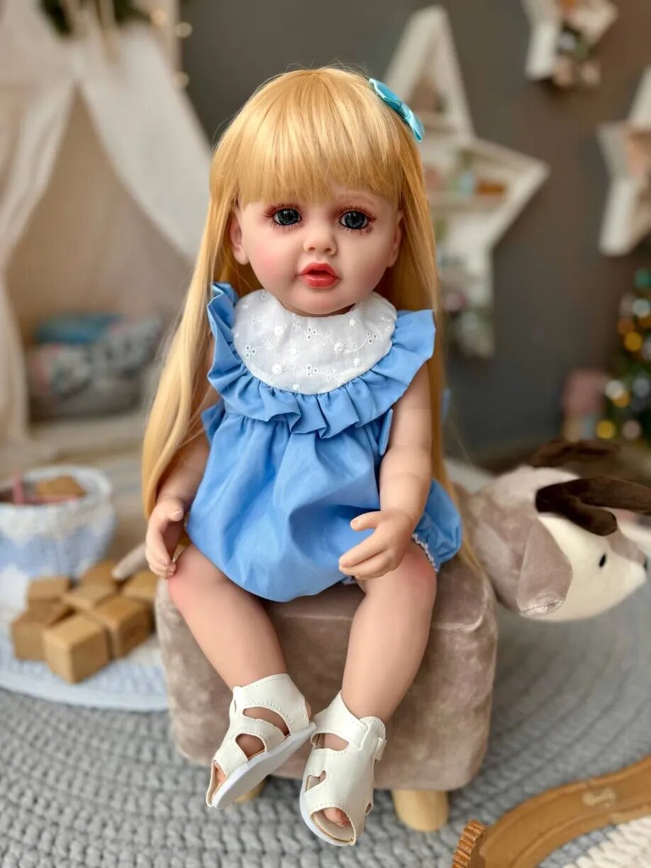 Кукла reborn девочка 55 см пупс виниловый с длинными волосами