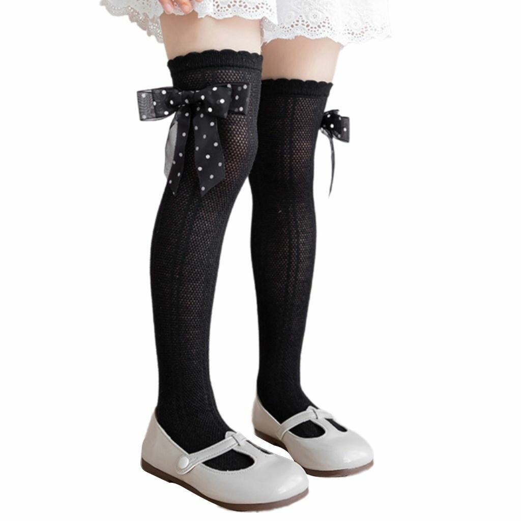 Детские тонкие сетчатые чулки с бантом, черные, В