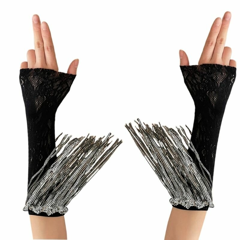 Кружевные Перчатки Y2K hot girl В Стиле Ретро С Кисточками И Блестками-Черный