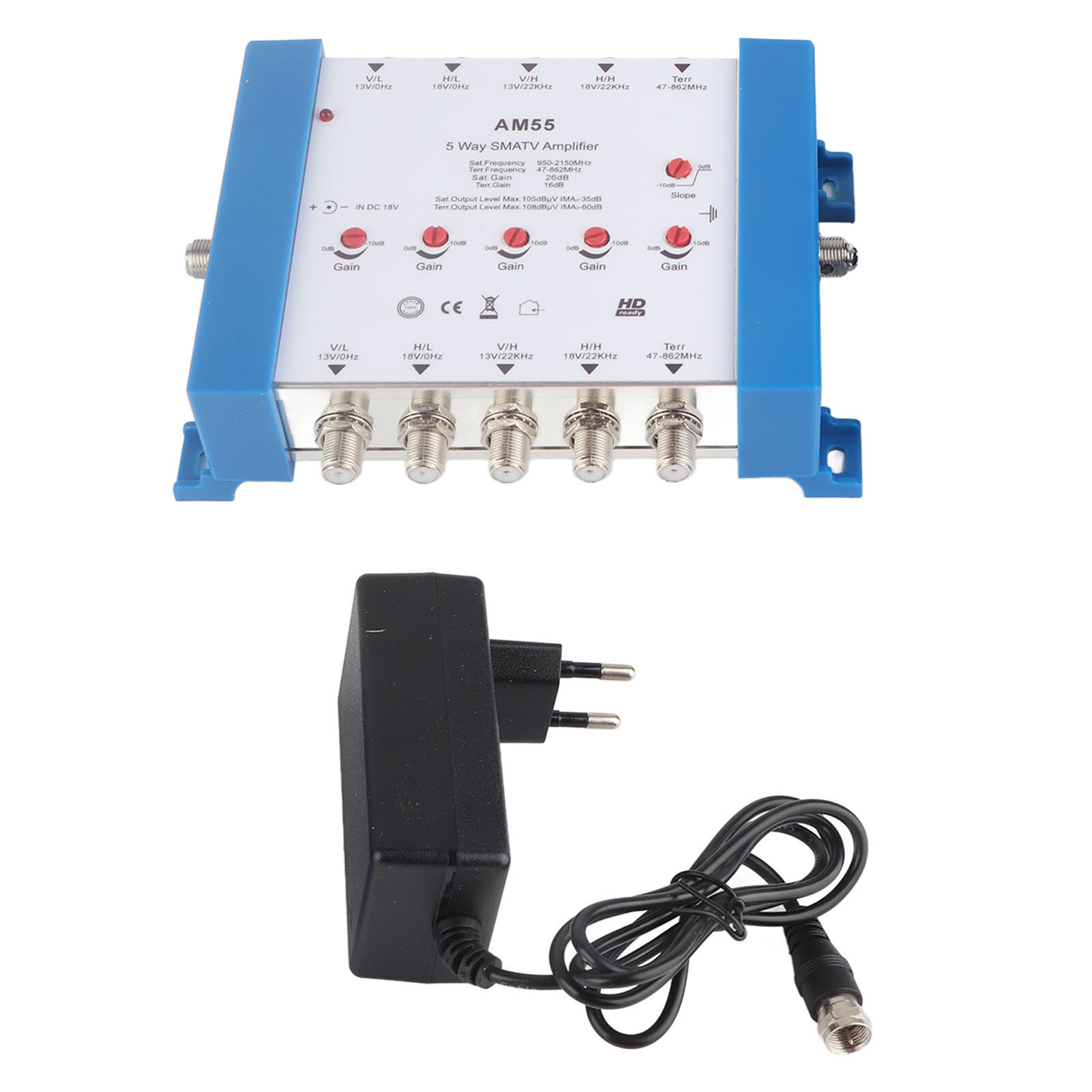 5-канальный разветвитель кабеля с высокой изоляцией, металлическим корпусом, коэффициентом отражения 10 дБ, усилитель телевизионной антенны для использования внутри помещений, напряжение 100–240 В, вилка стандарта ЕС.