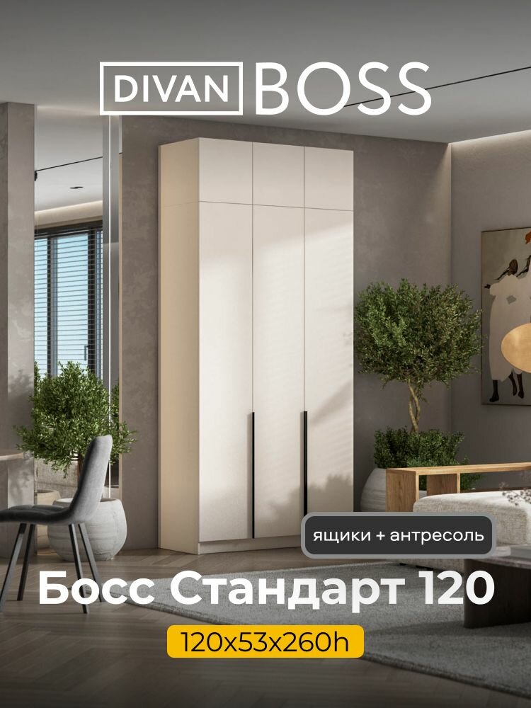 Шкаф распашной, BOSS STANDART, 120х53х260 см, 3х дверный с ящиками и антресолью, кашемир