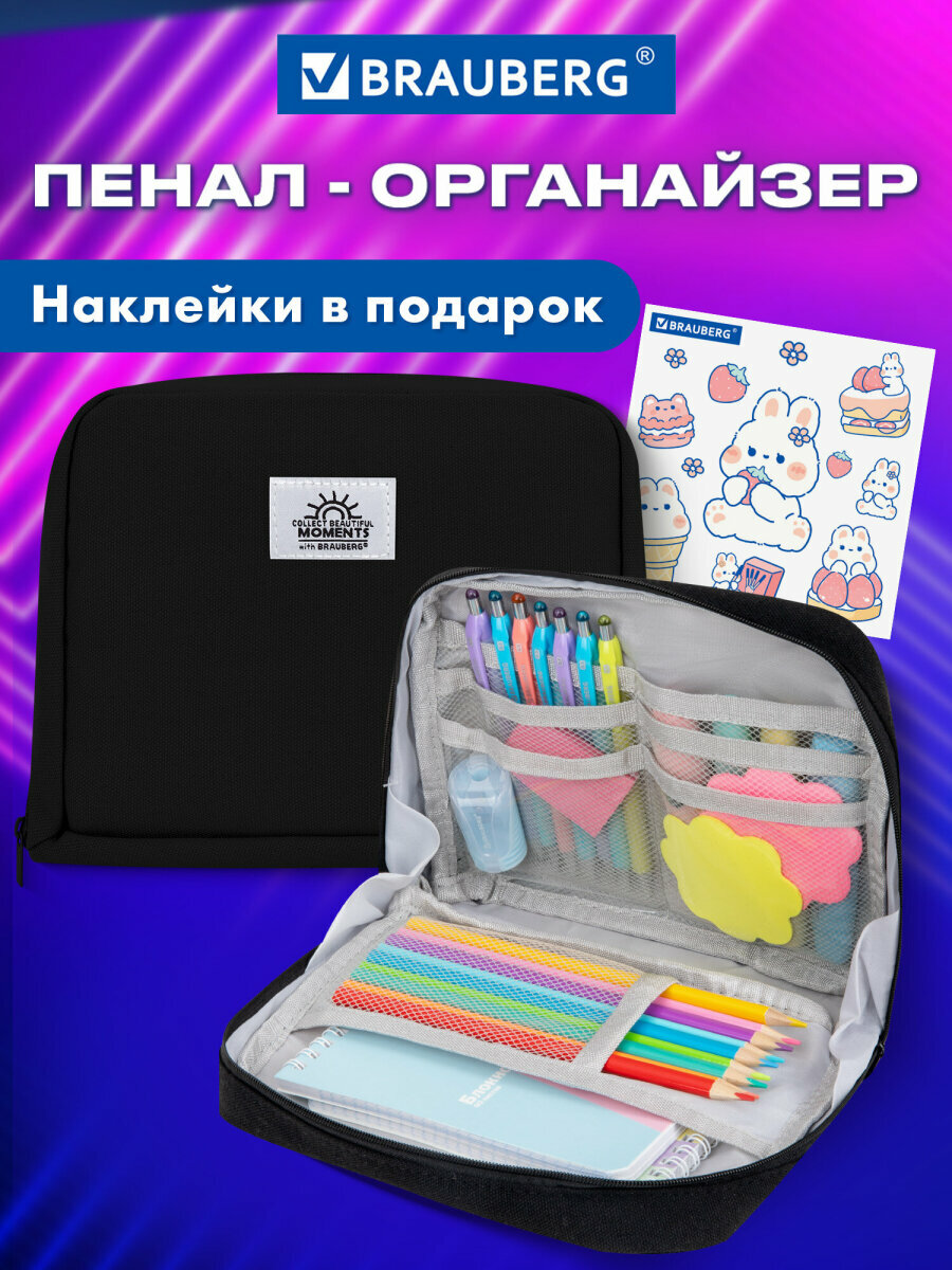 Пенал-органайзер школьный для девочек, для карандашей и ручек с 1 отделением большой, с наклейками, молния вокруг, канвас, канцелярия для школы, 22x15х6 см, черный, Brauberg, 273596