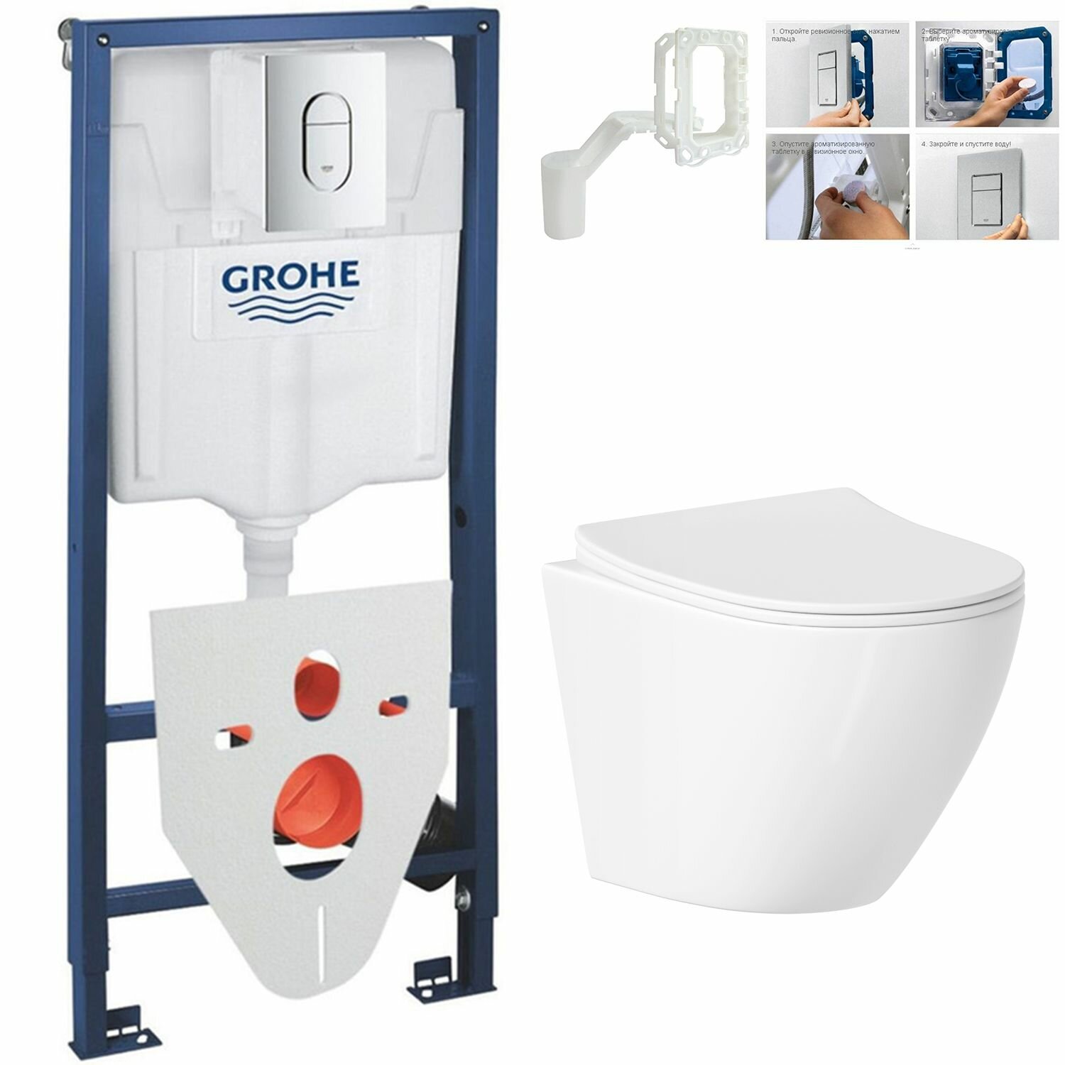 Инсталляция с унитазом комплект: унитаз подвесной Helmken 35490101, безободковый, сиденье с микролифтом из дюропласта, инсталляция Grohe, шумоизоляция, диспенсер, кнопка смыва