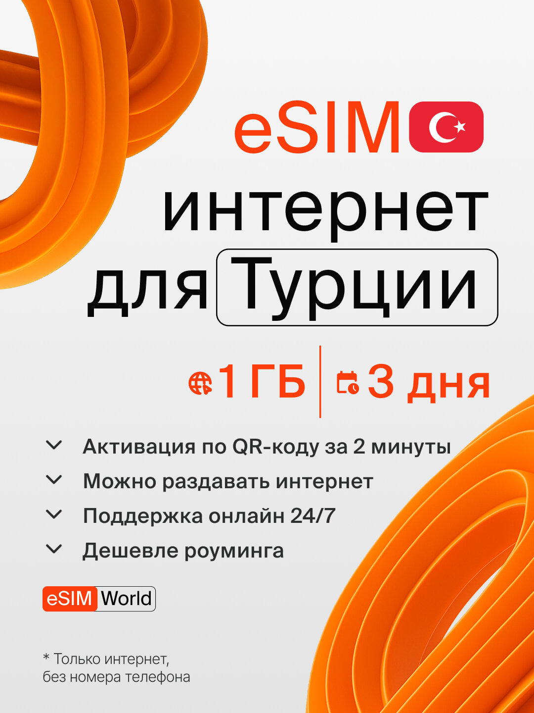 ESIM для связи в Турции, 1 ГБ / 3 дня, онлайн подключение, поддержка 24/7, высокоскоростной интернет