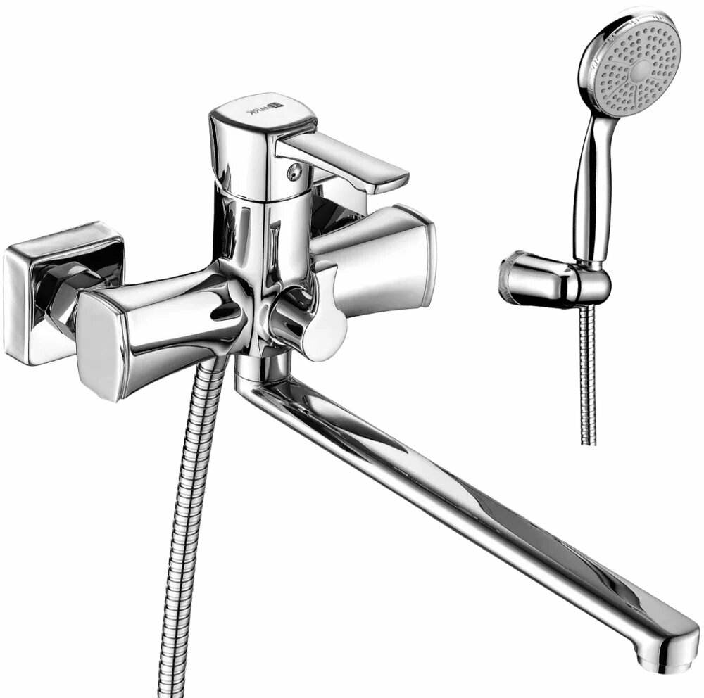 Смеситель с длинным изливом для ванны Lemark Evitta LM0551C с душевым гарнитуром, поворотный, латунный, хром, глянцевый, смеситель для ванны с душем, рычажный, с настенным держателем