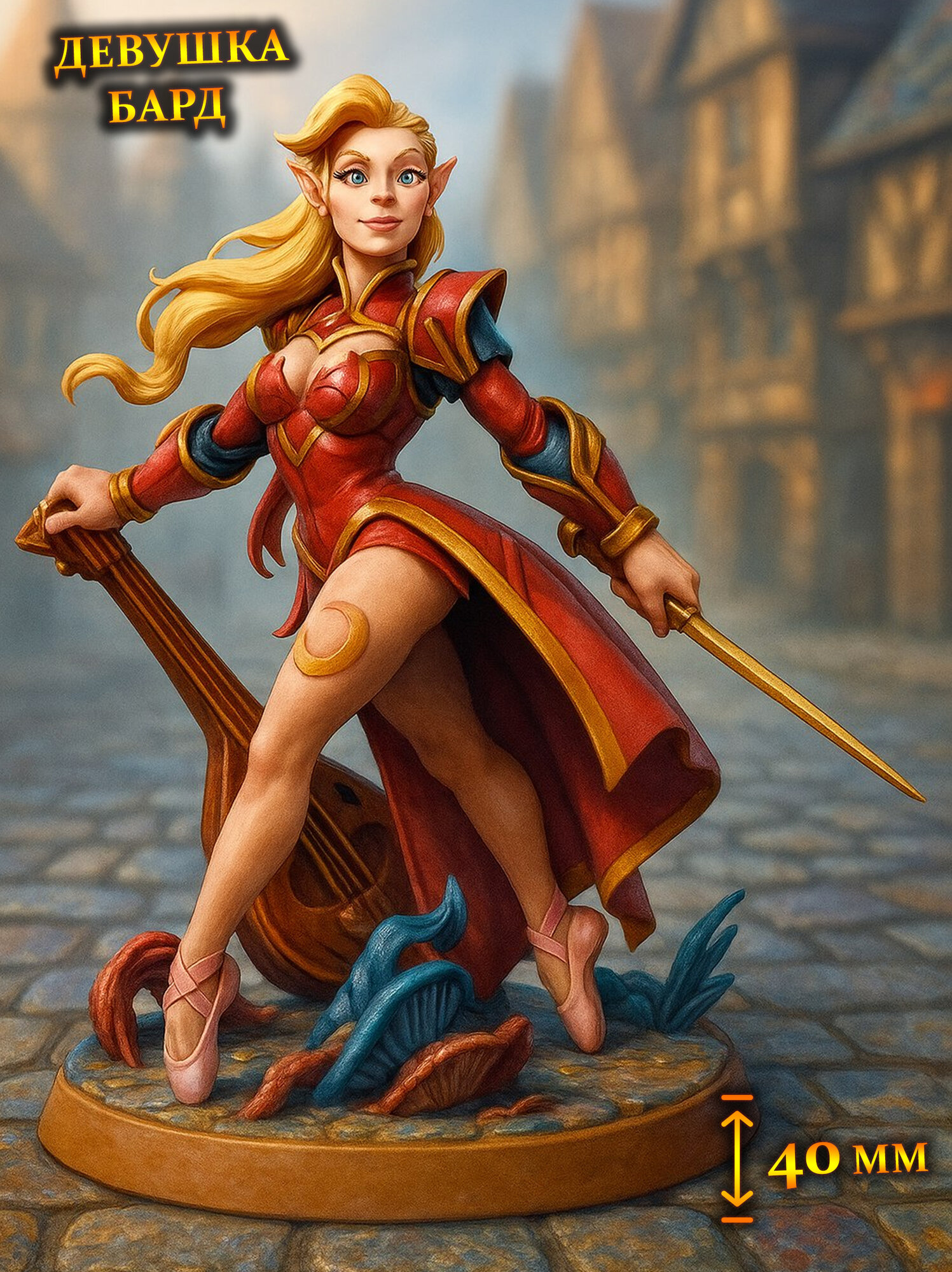 Девушка Бард с лютней 40мм Эльфийка Трикстер, миниатюра для DnD (ДнД) и других Настольных игр (НРИ, Варгеймов или РПГ), фентези тематика