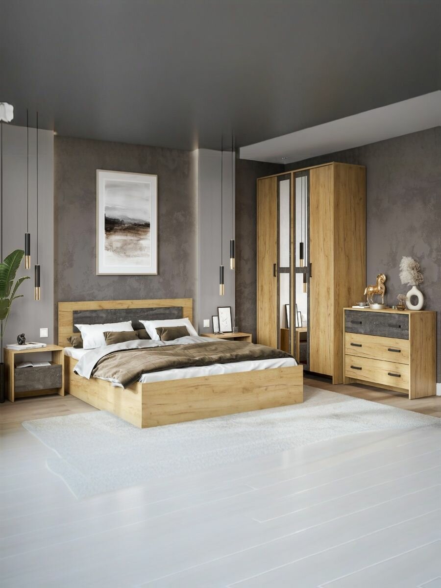 Спальный гарнитур Светлый Лофт, дуб золотой с четырехстворчатым шкафом