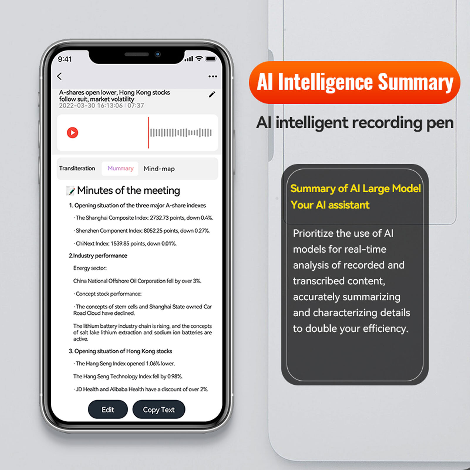 Цифровой диктофон с транскрипцией, воспроизведением AI Smart HD, шумоподавлением, активируемым звуком, записью звонков через приложение 32G